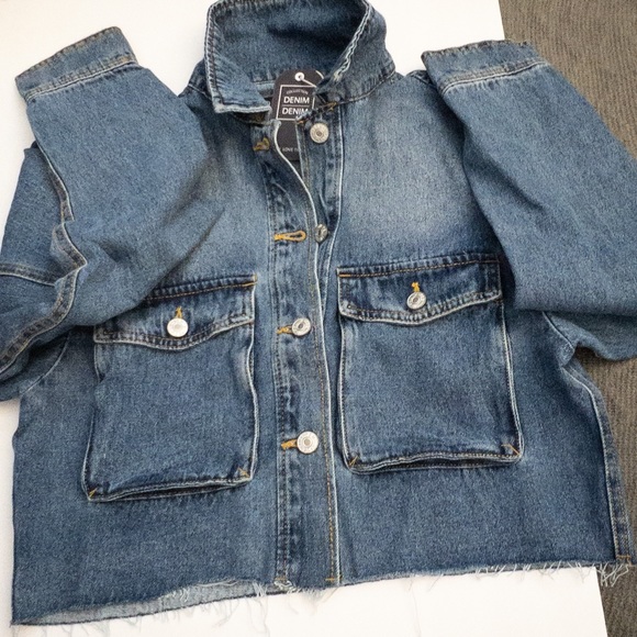Jackets & Coats | Denim Jacket Cropped Cargo Pocket Raw Hem Blue New ...